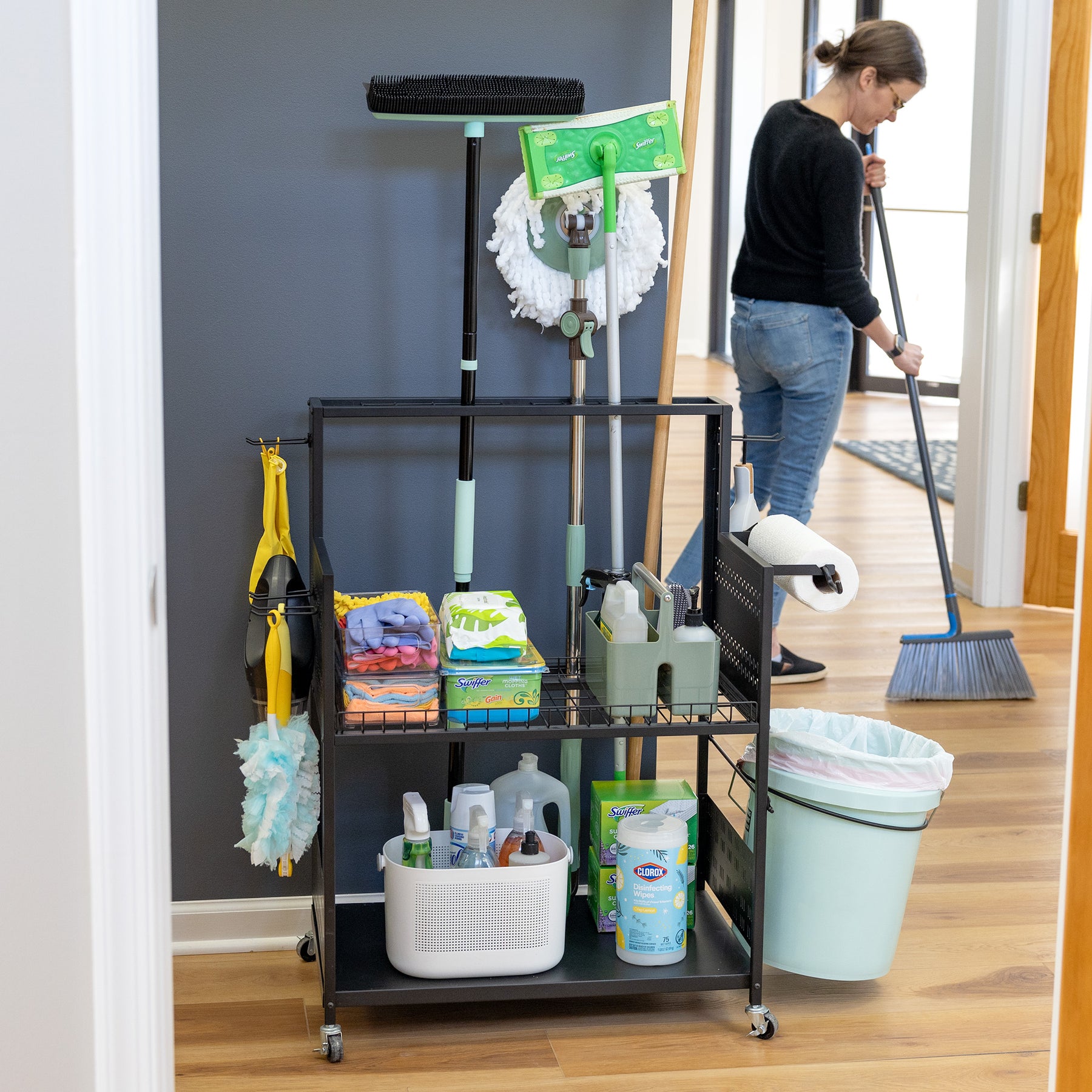 Cleaning Supplies Organizer, 3-Tier Cart, Pegboard & Bucket Rack ...