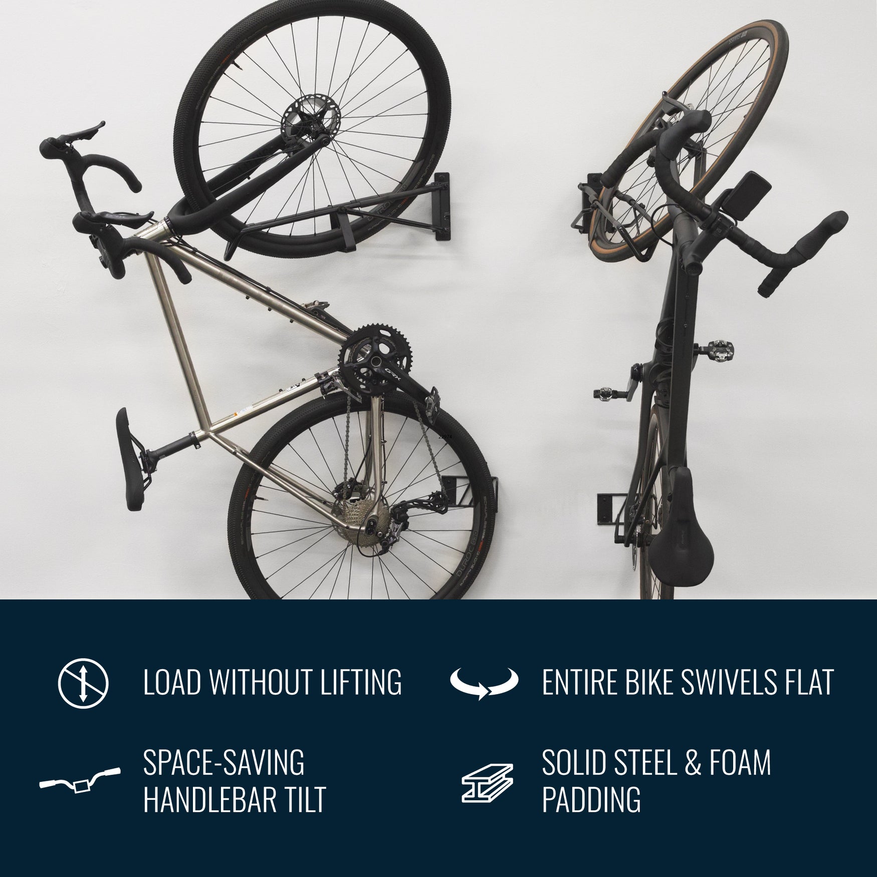 No Lift Swivel Bike Storage for Road, Gravel, & e-Bikes, Garage Wall ...